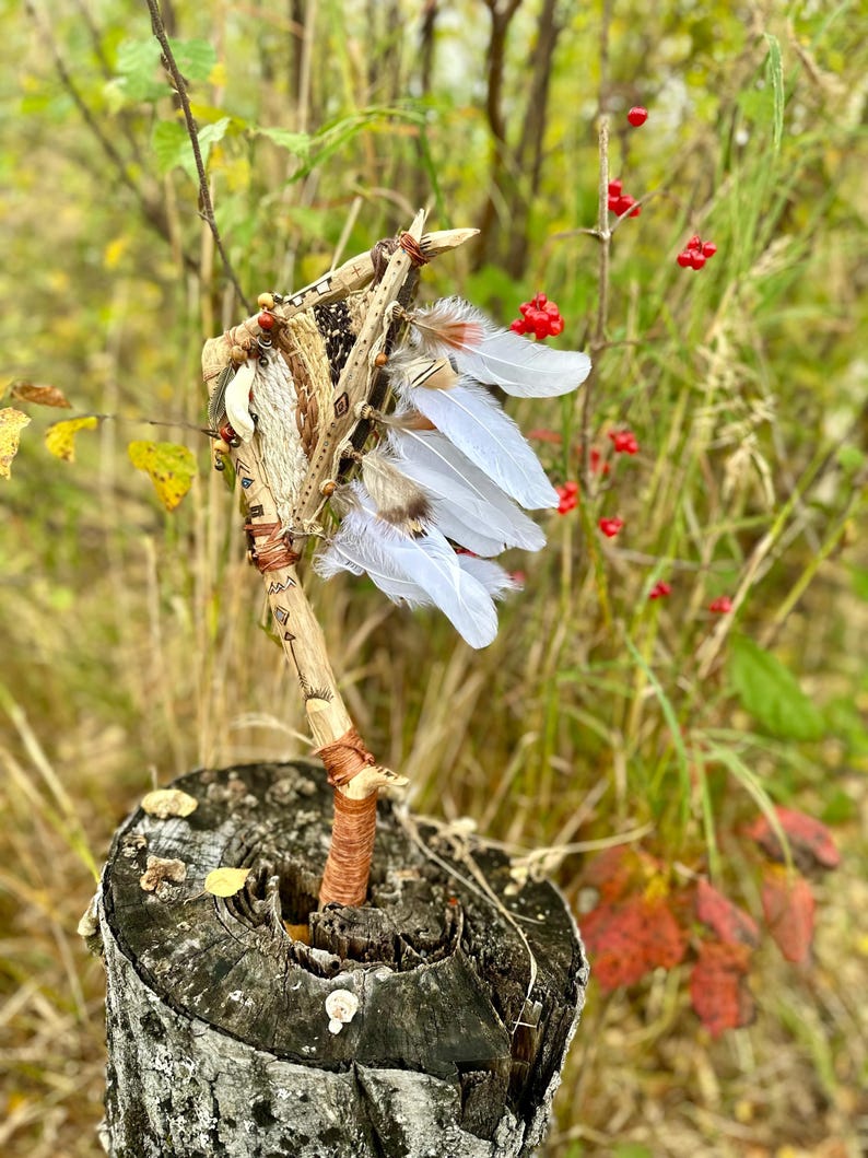 Hand Carved and Weaved Medicine Stick: Bison Bone, Antler Feather ...
