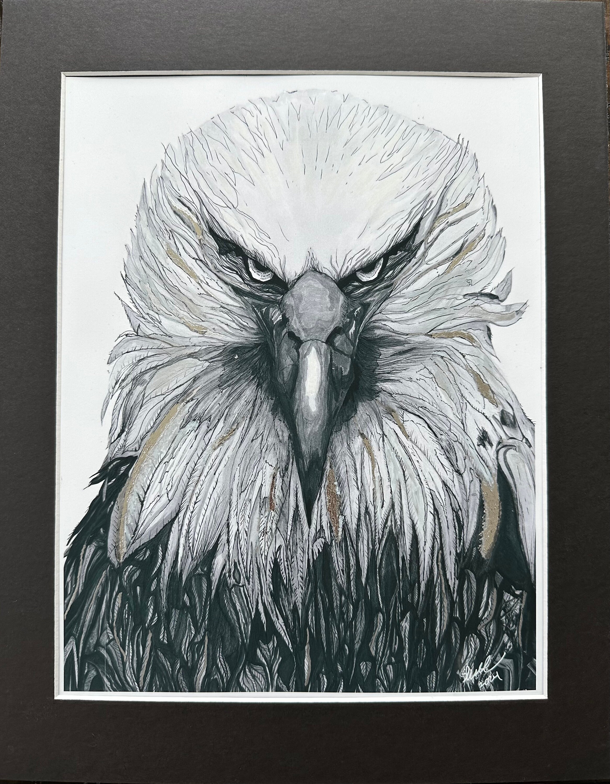 Gold Leaf Original Print Art Bald Eagle Ink Drawing Noble Gaze Bird ...