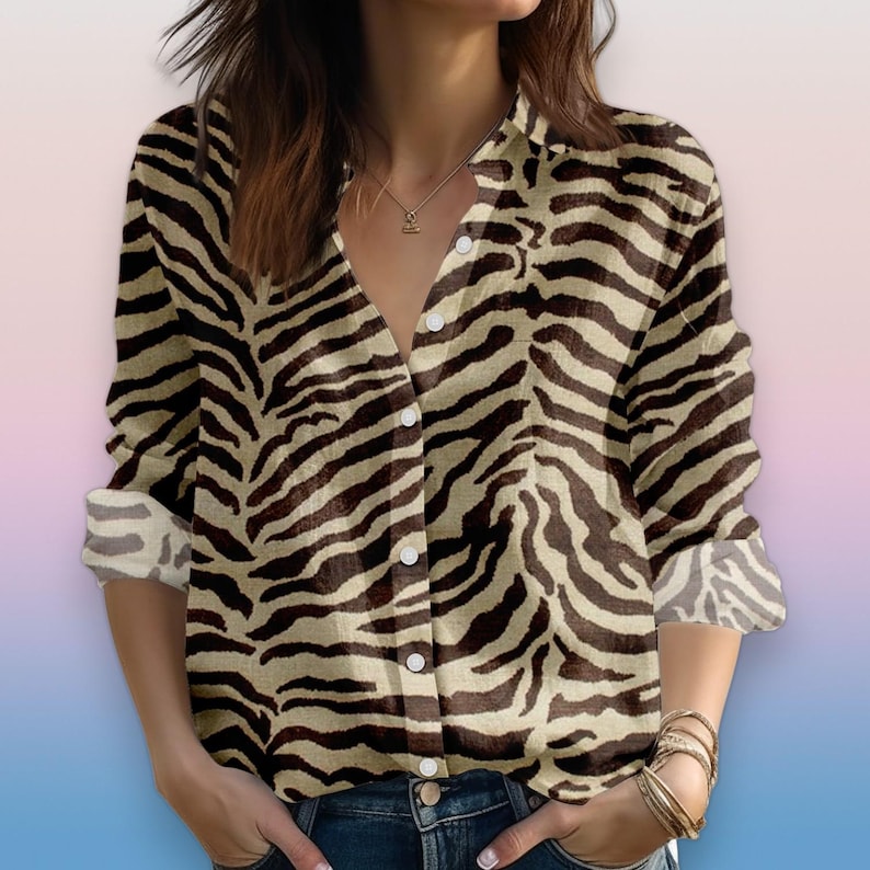 Women's Zebra Print Blouse Shirt, Button Down Linen Look Top, Long ...