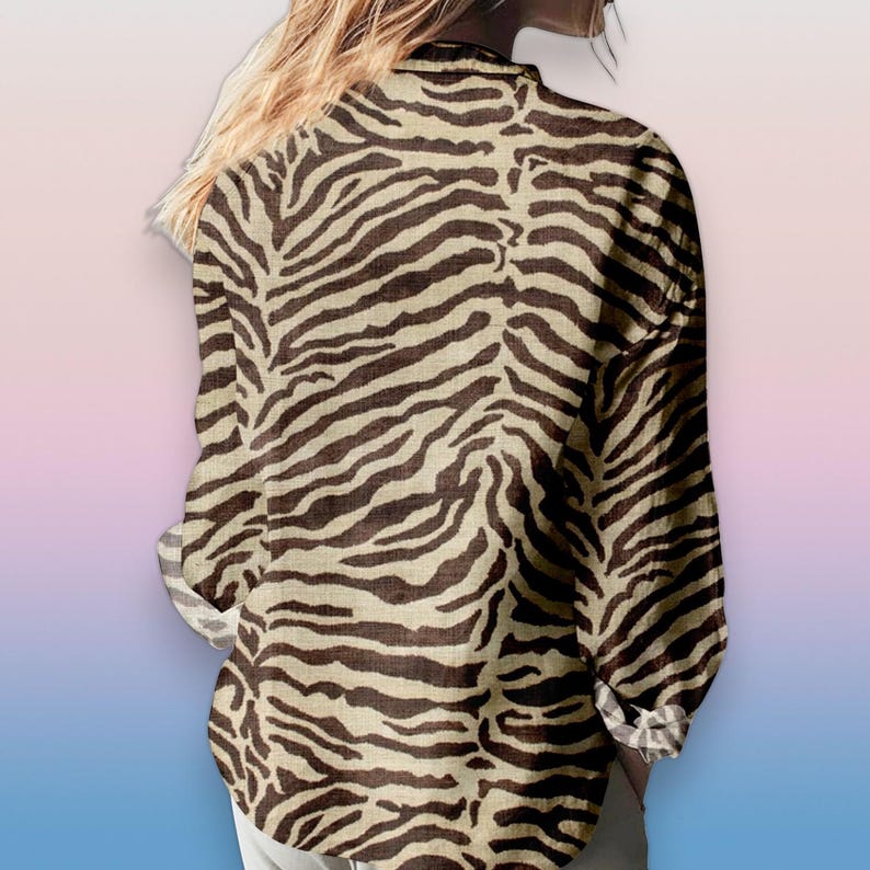 Women's Zebra Print Blouse Shirt, Button Down Linen Look Top, Long ...