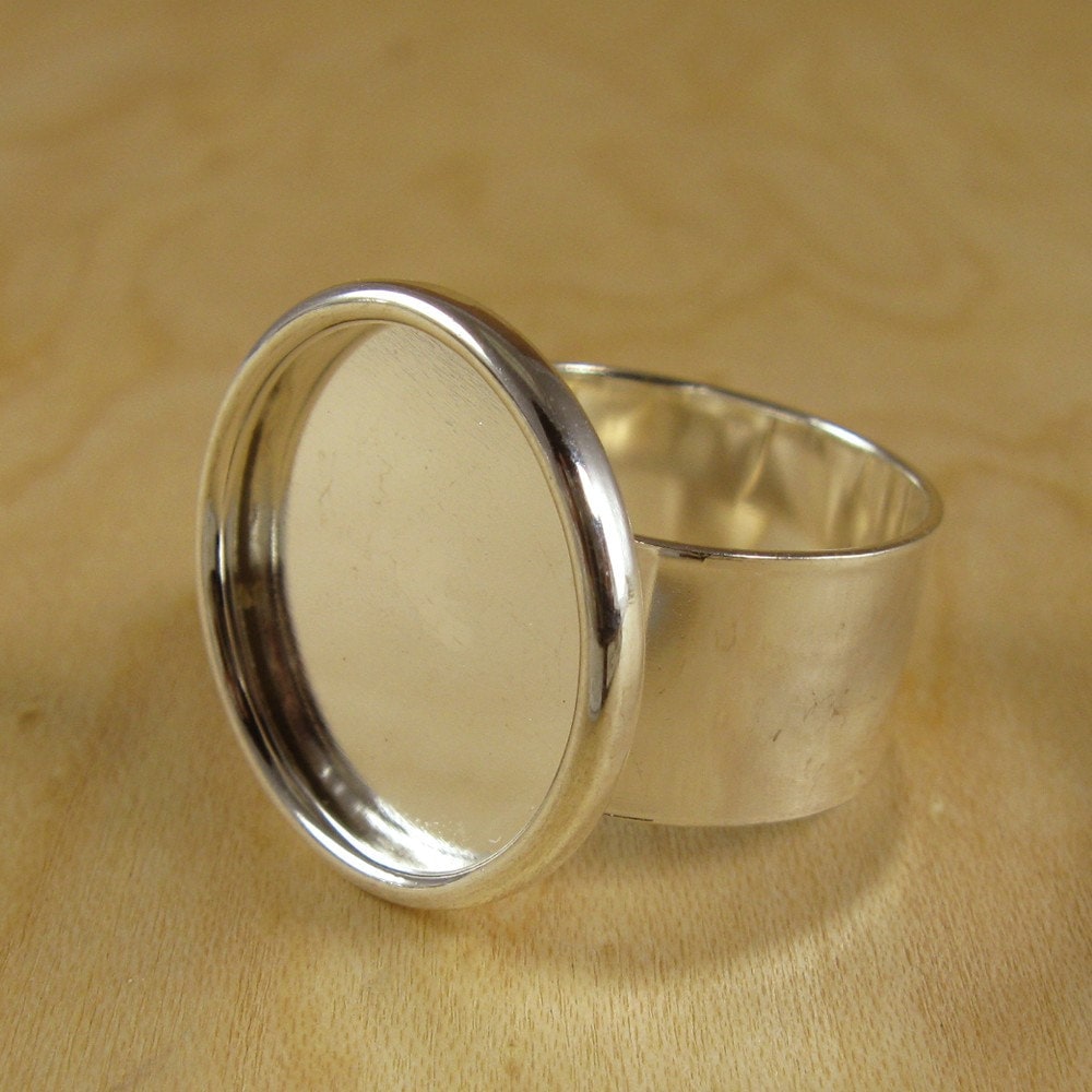 Bezel Large Circle Ring Blank Adjustable Shiny Sterling Silver Plated ...