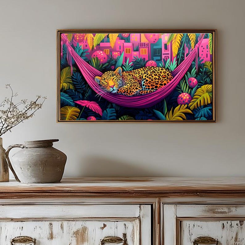 Colorful Leopard Jungle Art Print, Tropical Hammock Animal Painting ...