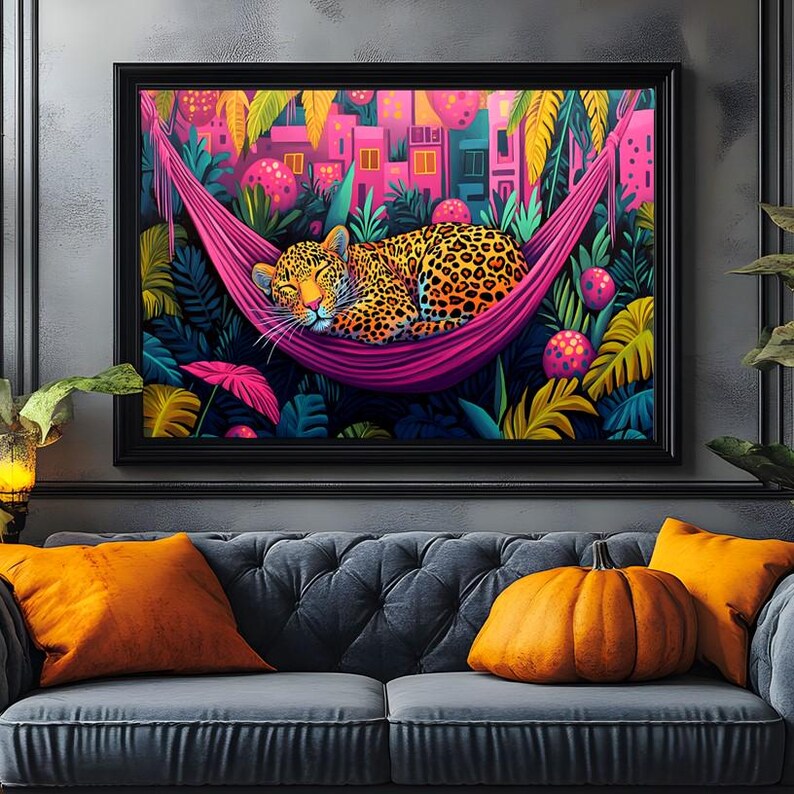 Colorful Leopard Jungle Art Print, Tropical Hammock Animal Painting ...
