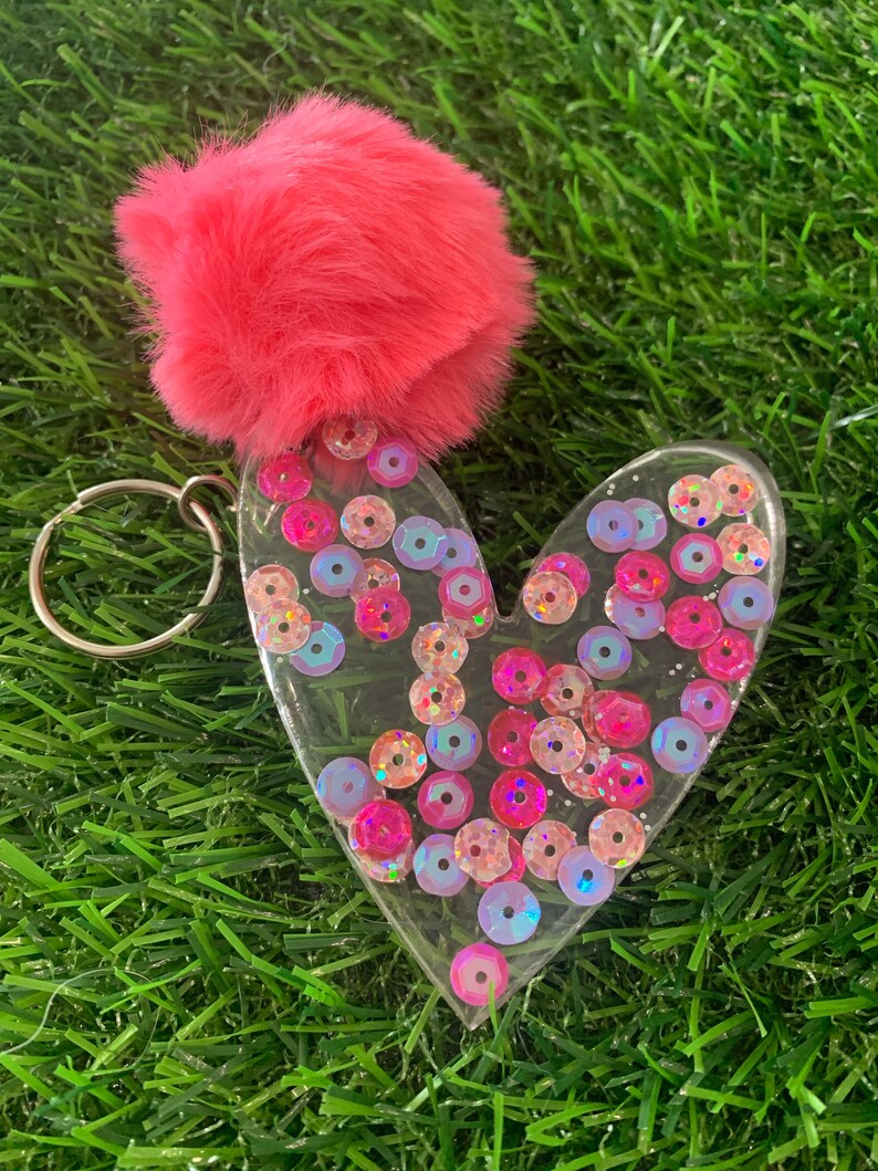 Pink, Light Pink and Purple Sparkle Heart Key Ring With Matching Fluffy ...