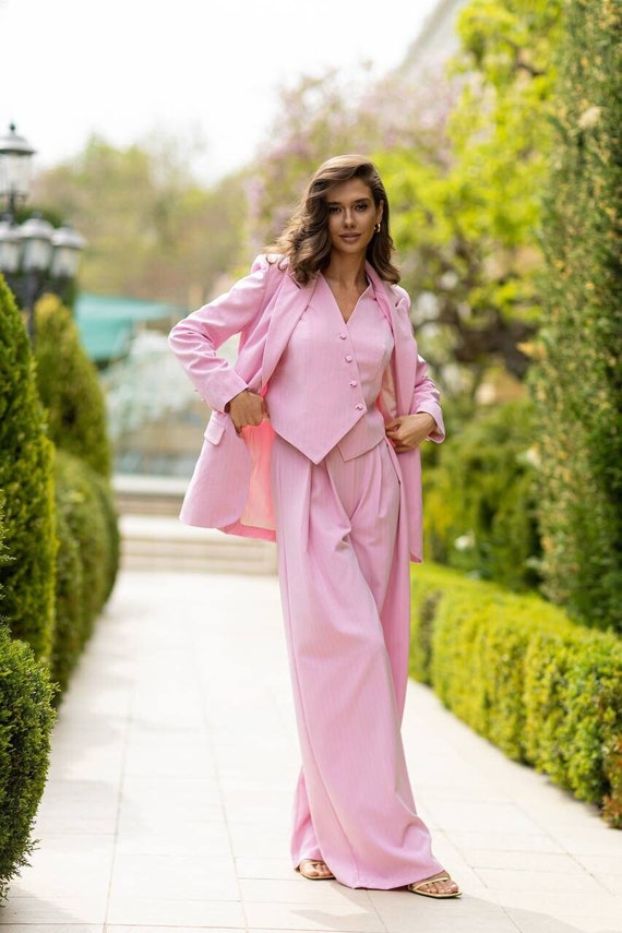 Pink Women 3 Piece Pant Suit Women Suit With Vest Women Office Suit Business Suit Set Women Suit for Work Suits With Wide Leg Pants Etsy