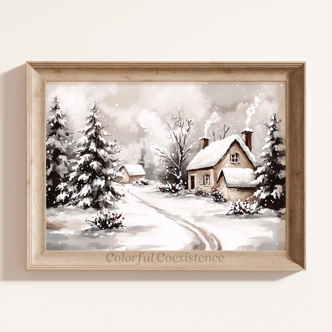 Winter Village Landscape Rustic Oil Painting Vintage Cottagecore Decor ...