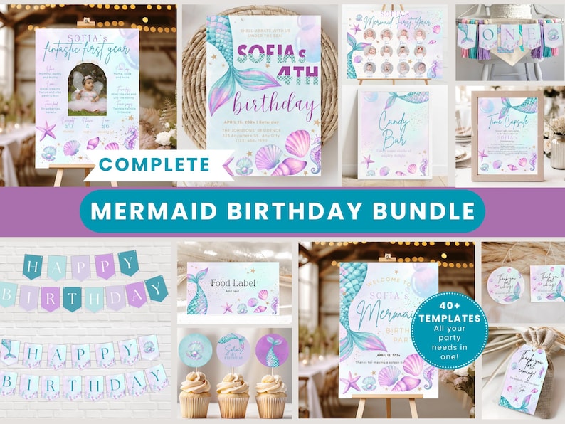 Mermaid Birthday Party Bundle | Editable Canva Templates | Under the ...