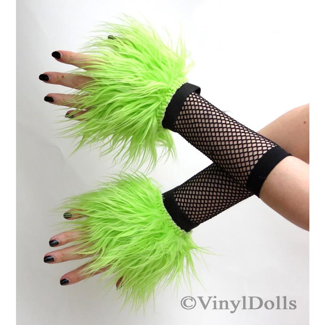 Lime Green Wrist Cuffs Fluffies, Fuzzy Furry Rave Hand Warmers (fishnet ...