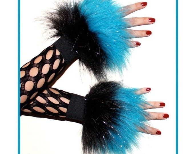 Cyber Goth Glitter BLACK \/ NEON BLUE Fuzzy FURRY WRIST CUFFS Rave - Etsy