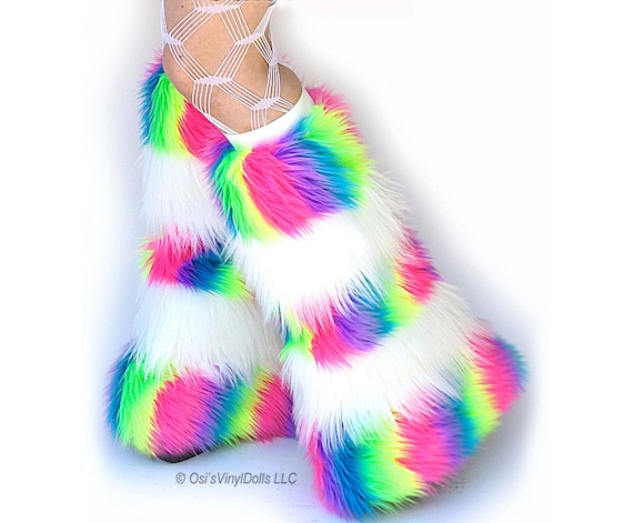 Fluffies Stripy UV Neon Rainbow White Rave Furry Leg Warmers | Etsy