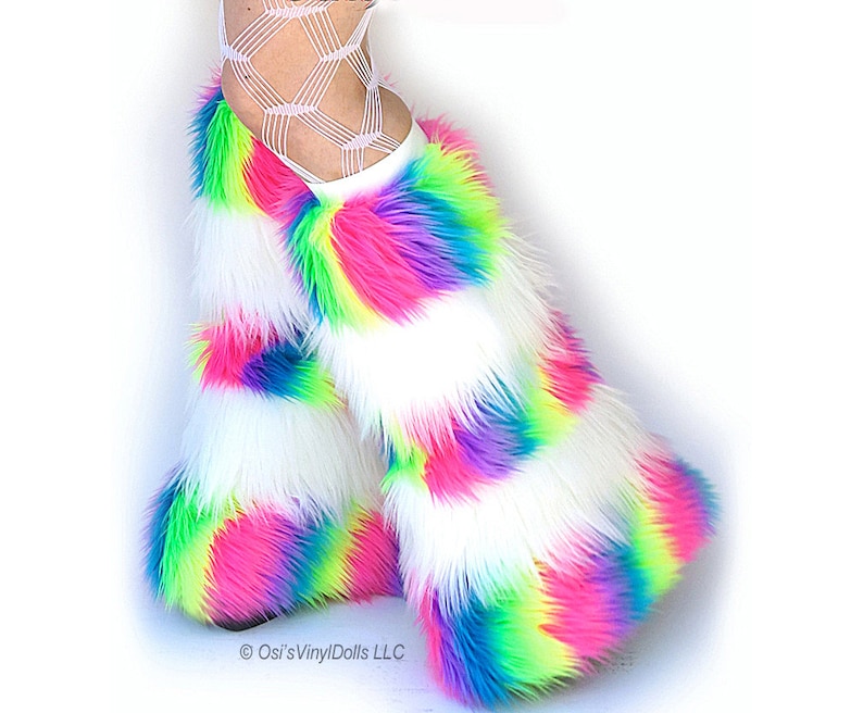 Fluffies Stripy UV Neon Rainbow White Rave Furry Leg Warmers | Etsy