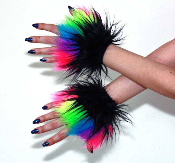 Furry Wrist Cuffs Black Rainbow Rave Fluffy Hand/Arm Warmers | Etsy