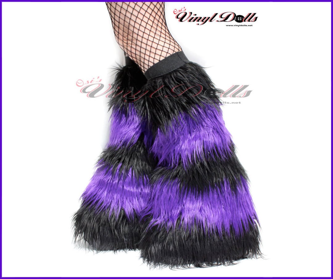 Striped Rave Fluffies - Black and Purple Furry Boot Covers, Leg Warmers ...