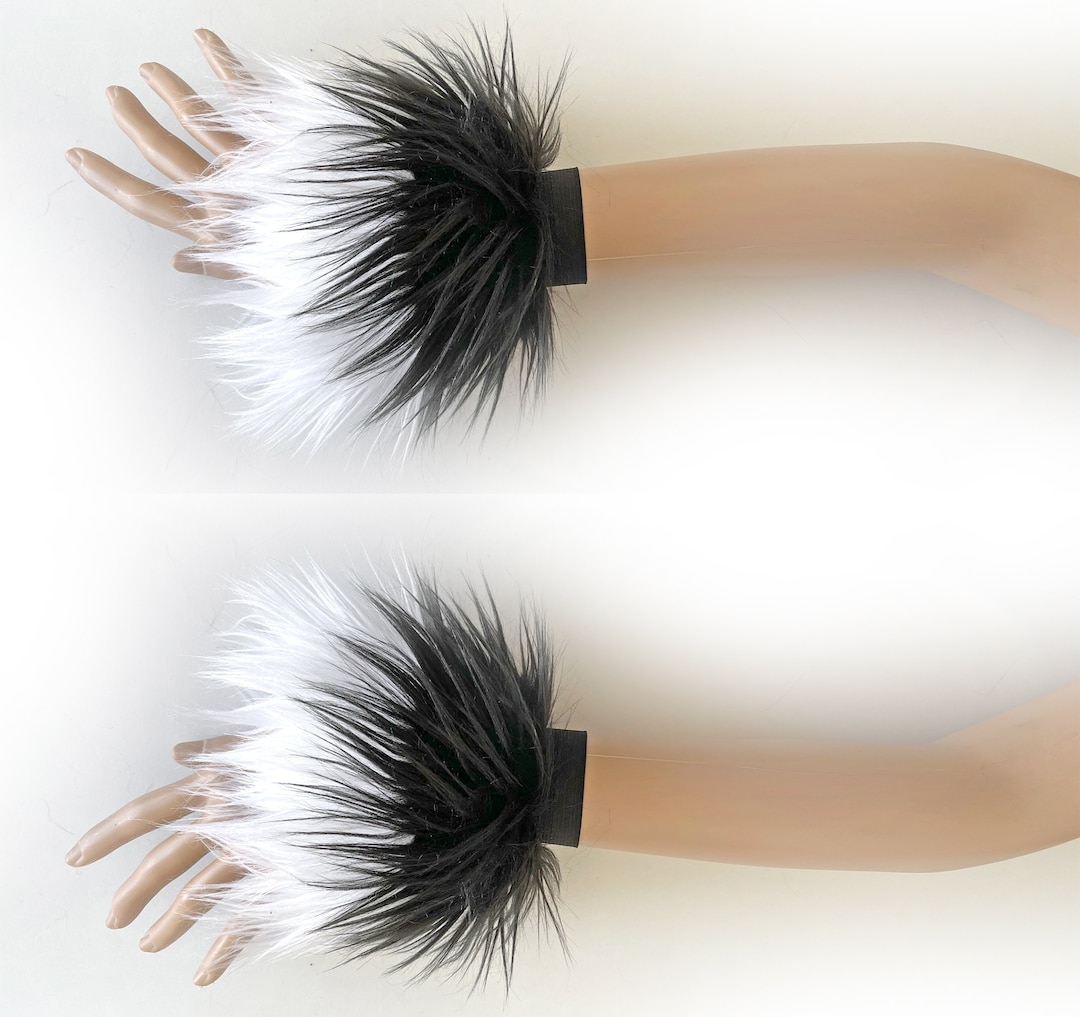 Black White Furry Wrist Cuffs, Fur Hand Warmers Fluffies - Etsy