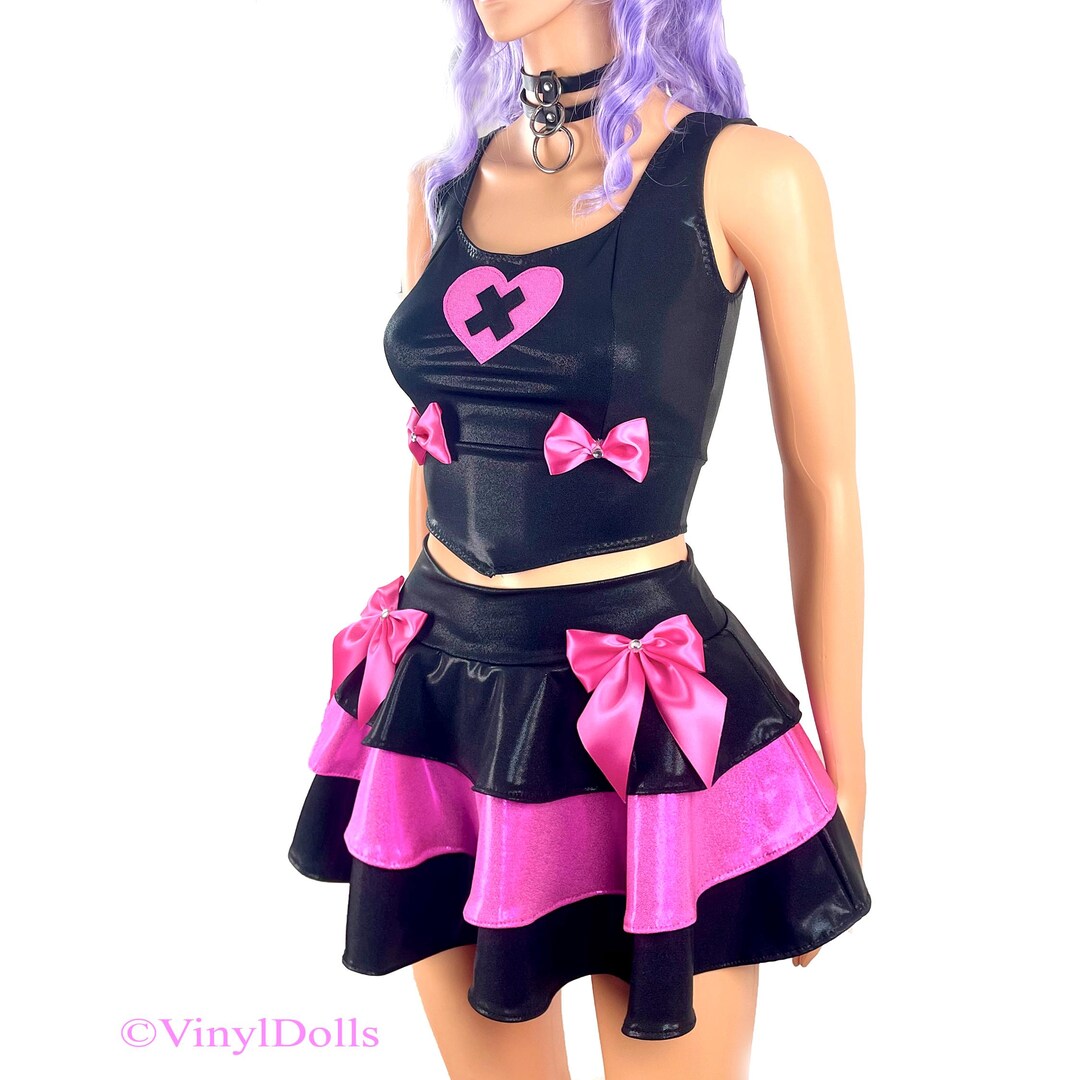 Black Pink X Heart Set - Crop Top & Layered Circle Skirt, Kawaii Goth ...