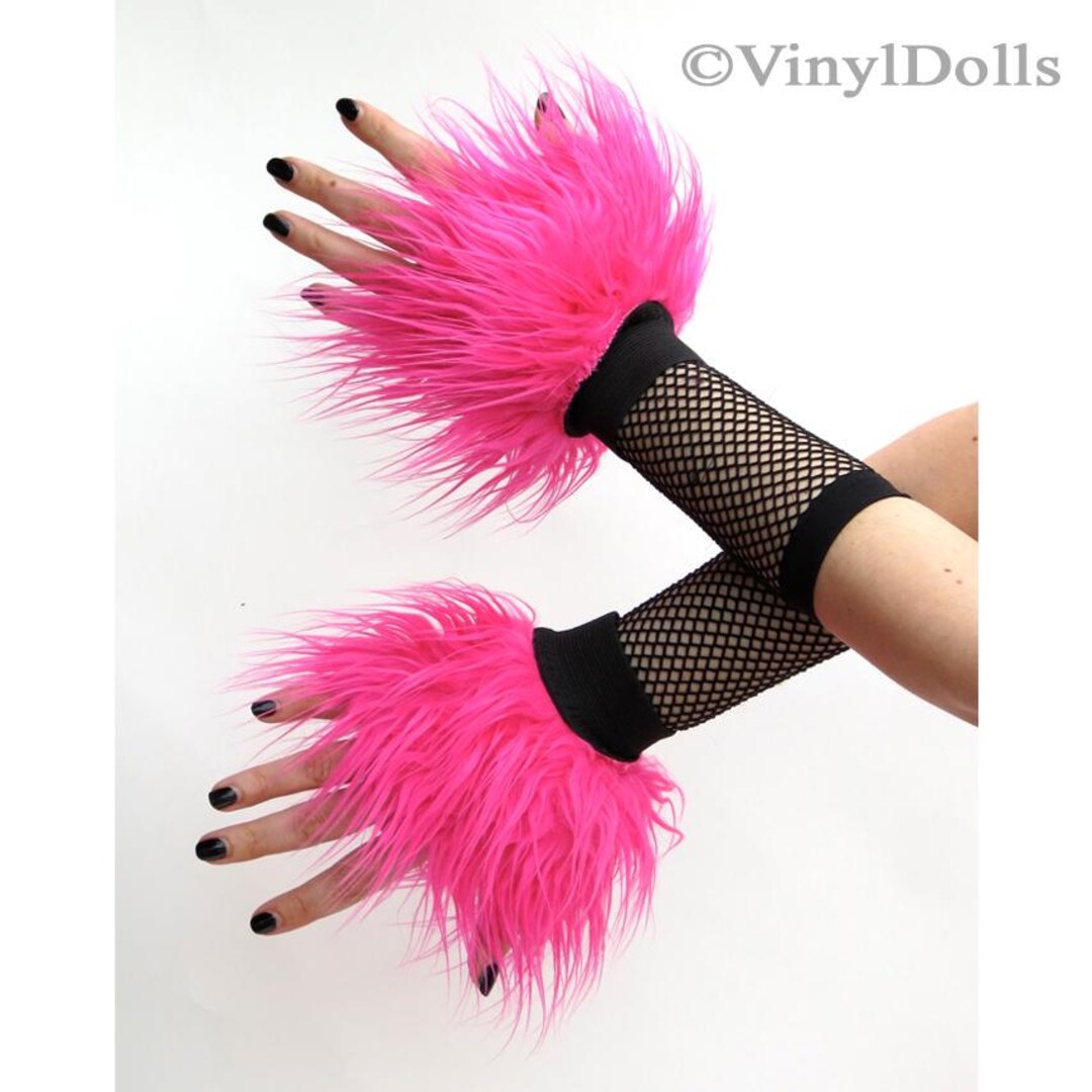 Hot Pink Fluffy Wrist Cuffs, Rave Furry Arm Hand Warmers (fishnet ...