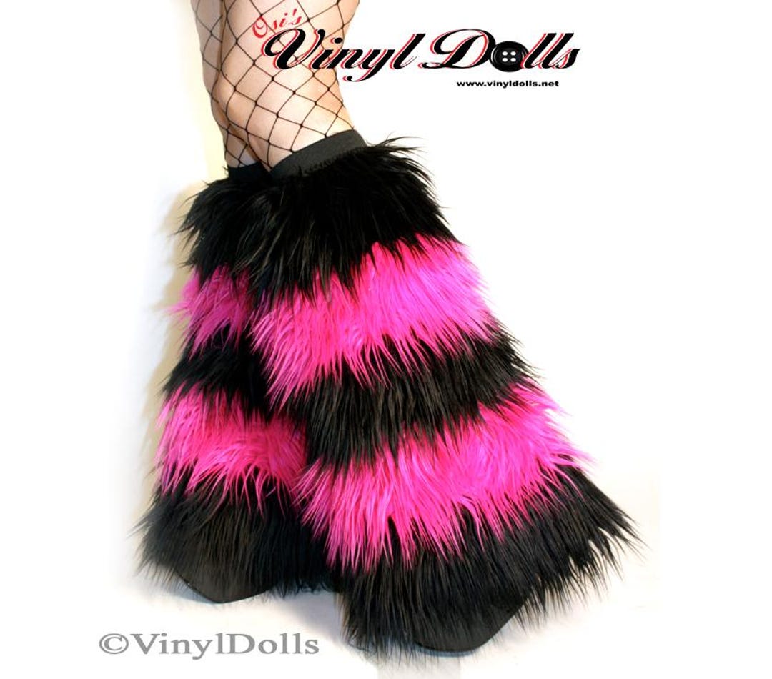 Black Hot Pink Striped Rave Fluffies, Furry Boot Covers, Fluffy Leg ...