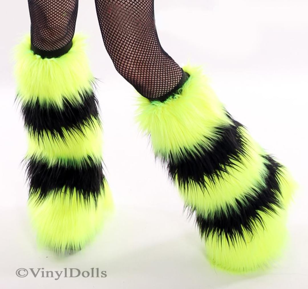 UV Neon Yellow Black Striped Legwarmers, Rave Cyber Fluffies, Cyber ...