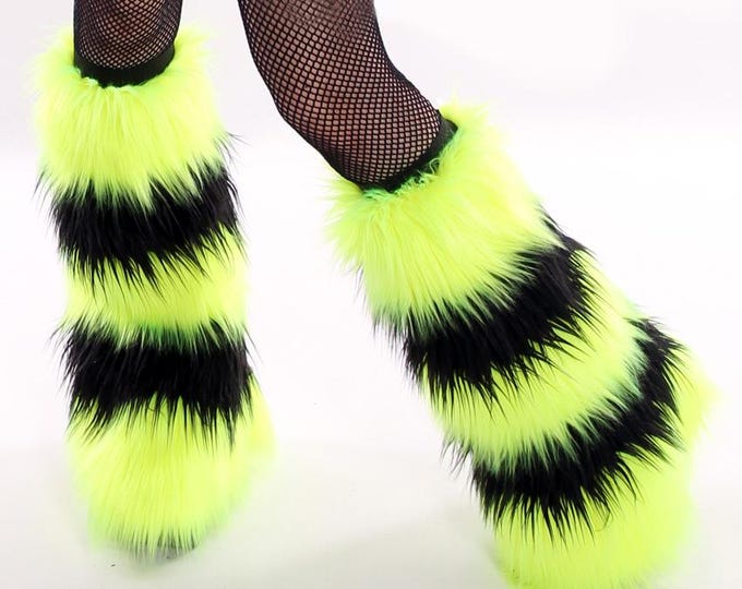 Yellow Black Fluffy Furry Legwarmer Boot Cover Fancy Costumes Rave ...