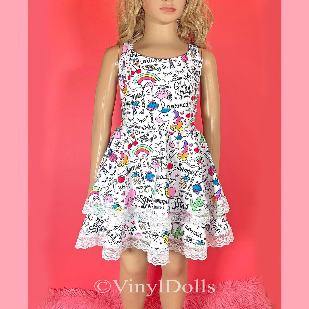 White Unicorn and Rainbows Girl Power Dress, Kids Skater Dress ...