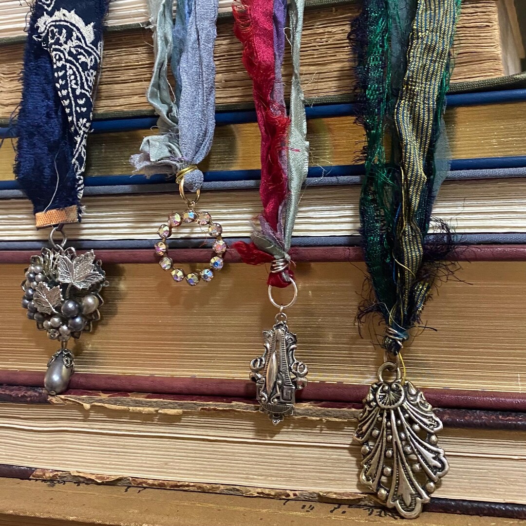 Handmade Sari Silk Ribbon Bookmarks, Silver Tone Vintage Charms ...