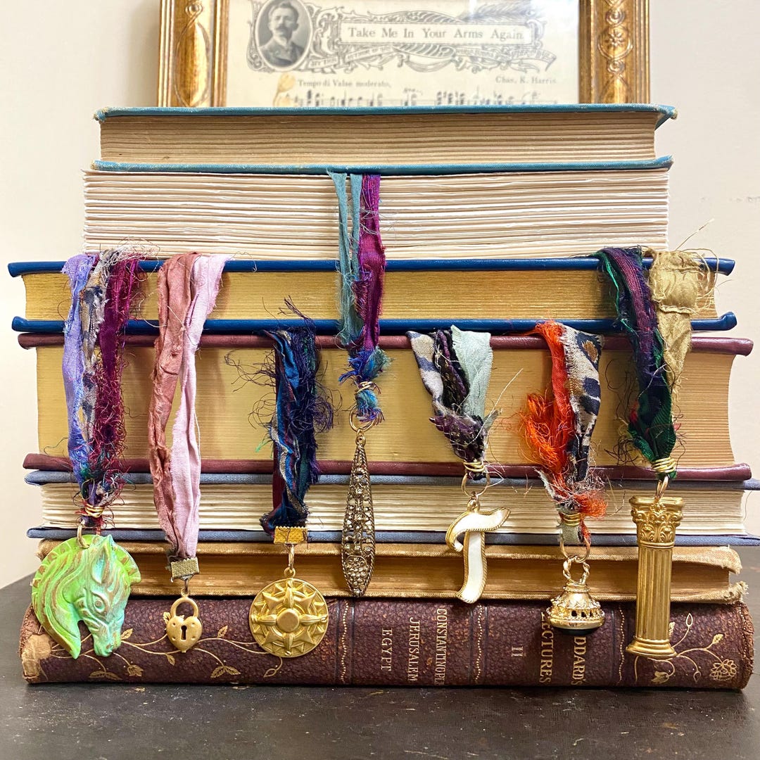 Handmade Sari Silk Ribbon Bookmarks, Gold Tone Brass Charms, Zebra ...