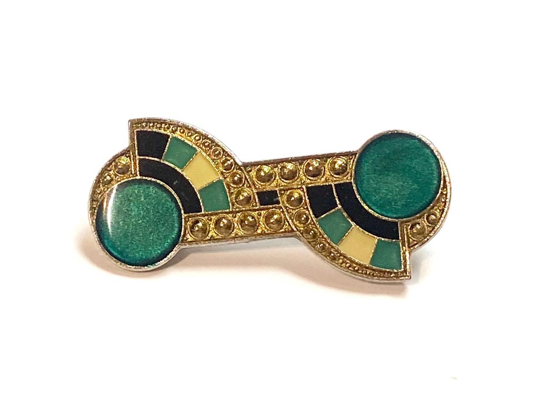 Art Deco Enamel Brooch, Pierre Bex Style Vintage Bar Pin, Green Yellow ...