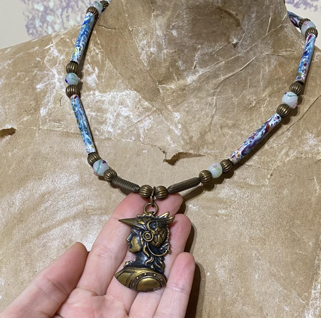 Handmade Art Nouveau Brass Goddess Athena Pendant Necklace Brass Enamel ...