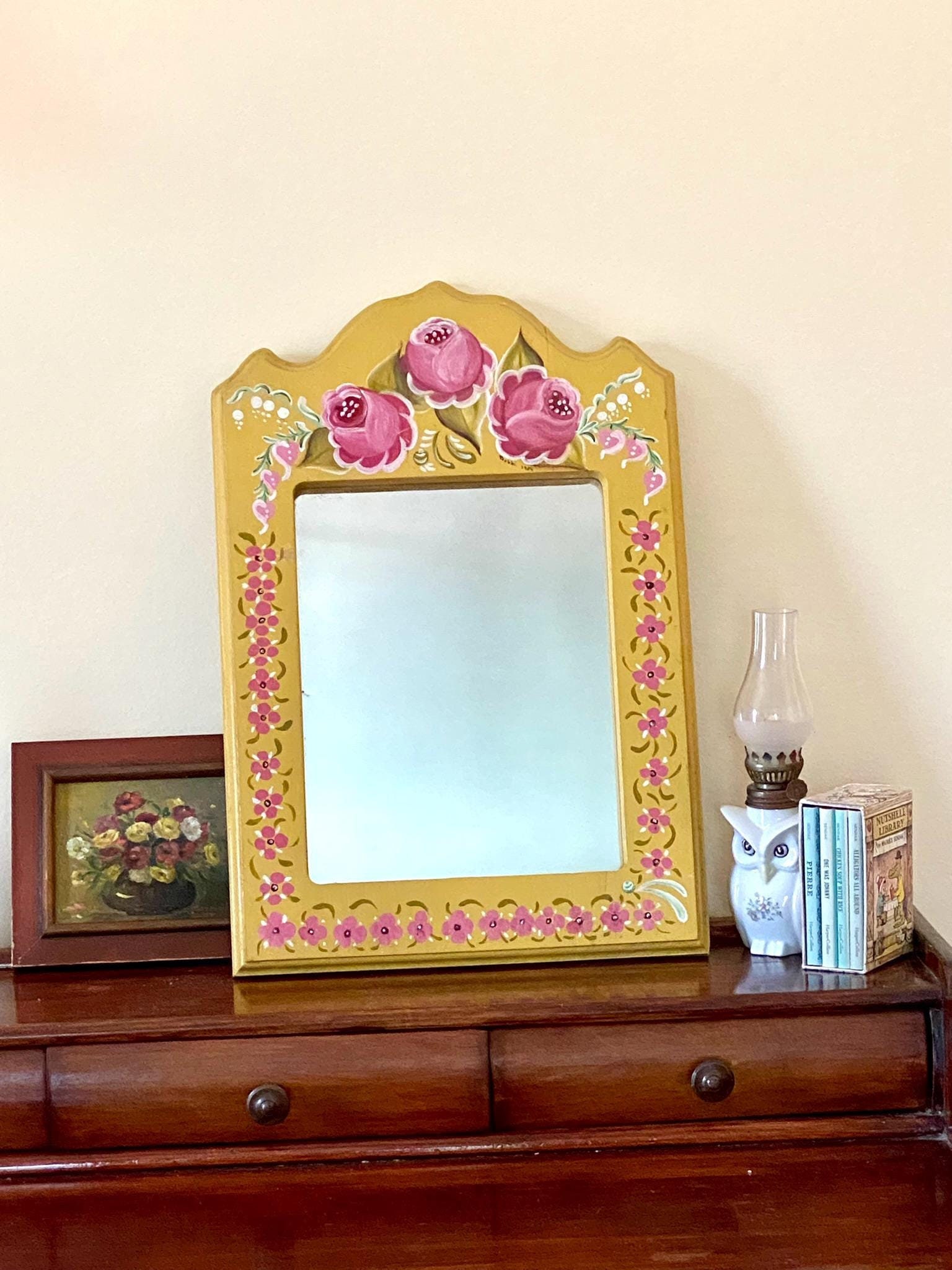 Vintage Hand-painted Folk Art Mirror Floral Tole Painted Roses ...