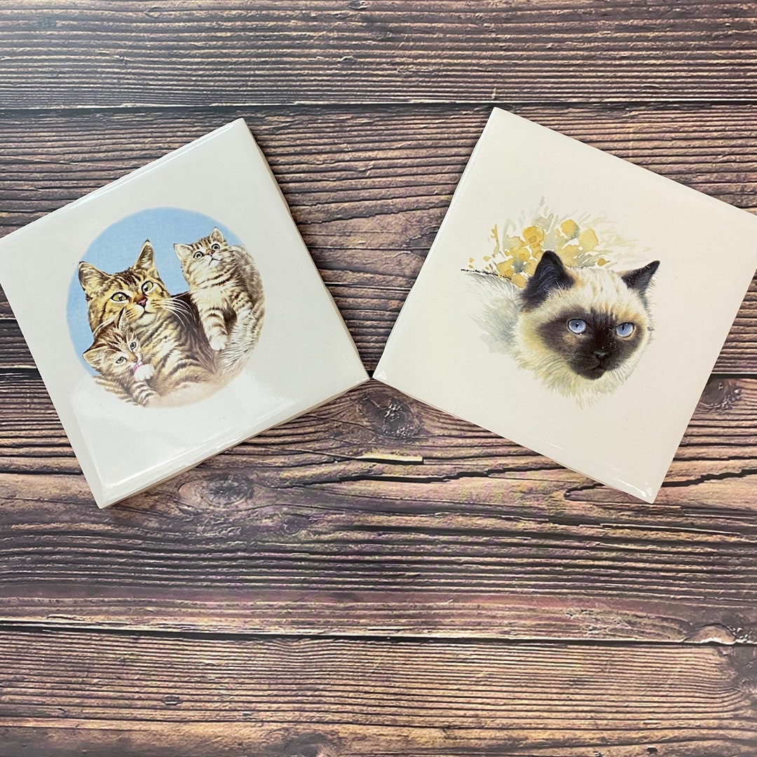 Vintage Cat Ceramic Tile Coasters, Realistic Siamese & Momma Cat W ...