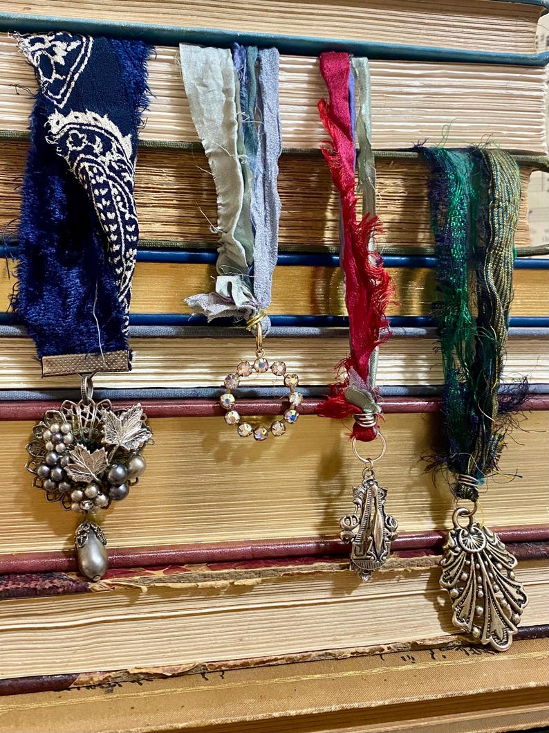 Handmade Sari Silk Ribbon Bookmarks, Silver Tone Vintage Charms ...