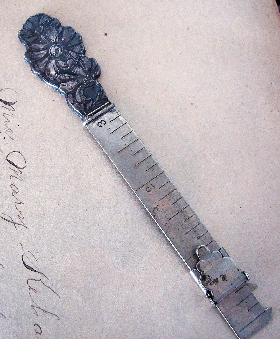 Antique Hem Gauge With Sterling Silver Floral Top and Steel 3" Ruler ...