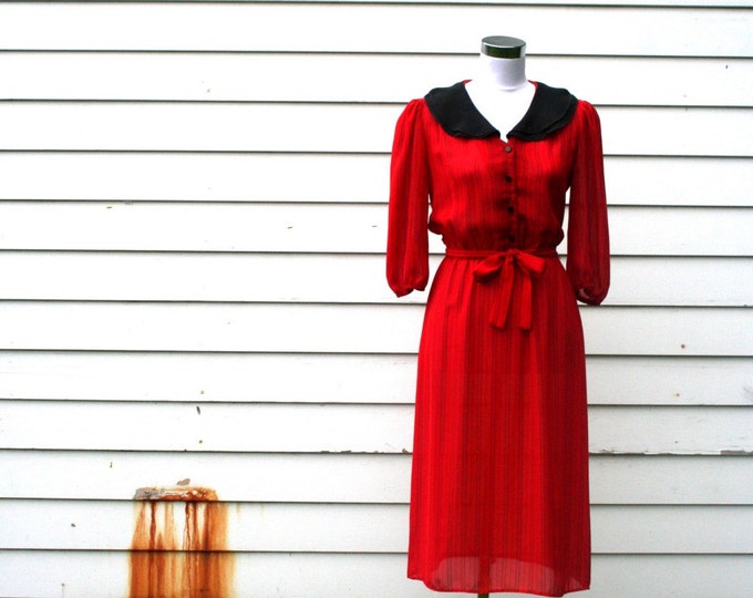 Vintage . CHERRY . Red . Pinstripe . Peter Pan . Collar . Sheer . Dress ...
