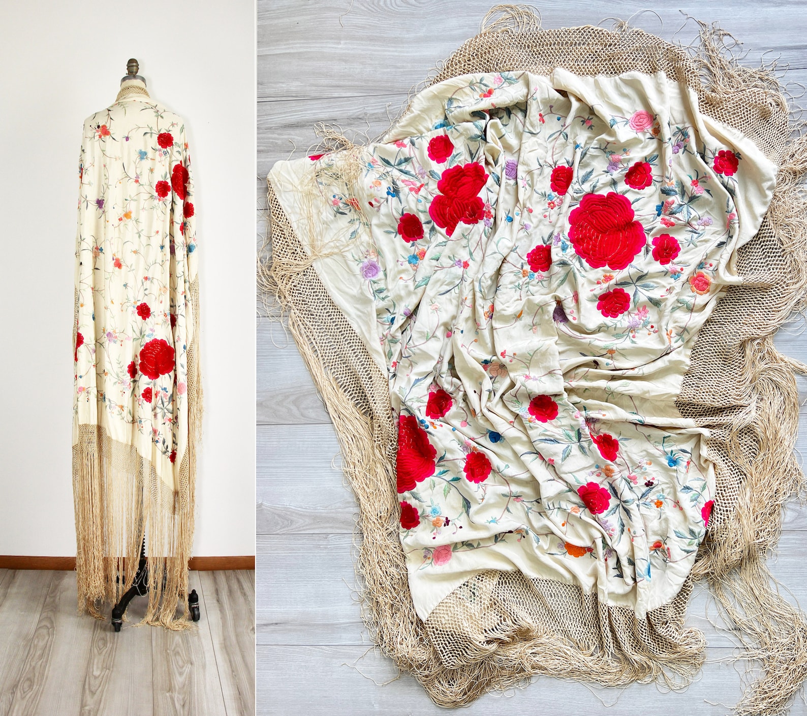 1920s Piano Shawl | Embroidered | Flapper | Macramé | Vintage Silk Wrap ...