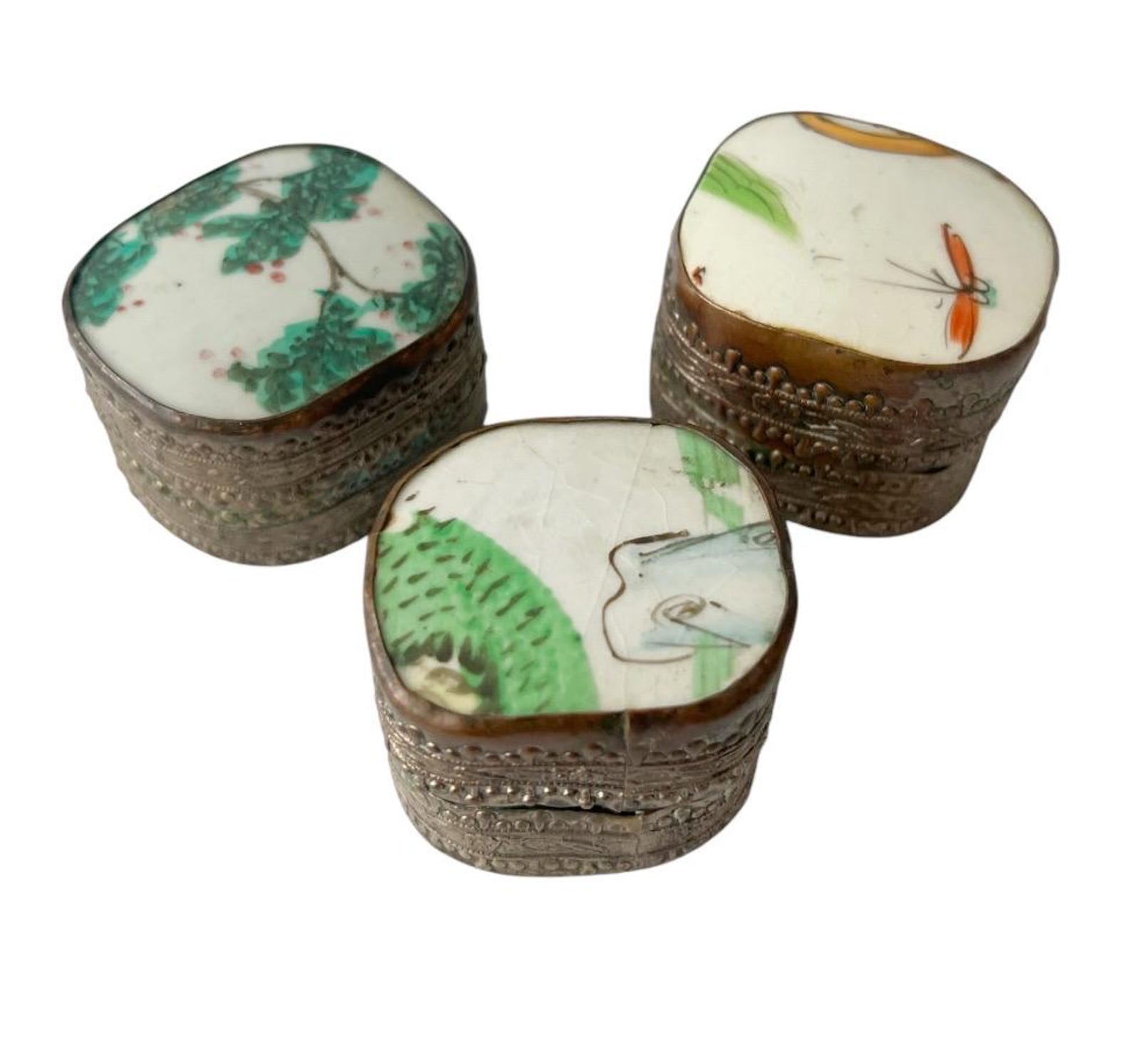 Set of 3 Vintage Chinese Porcelain Shard Boxes With Silver Metal ...