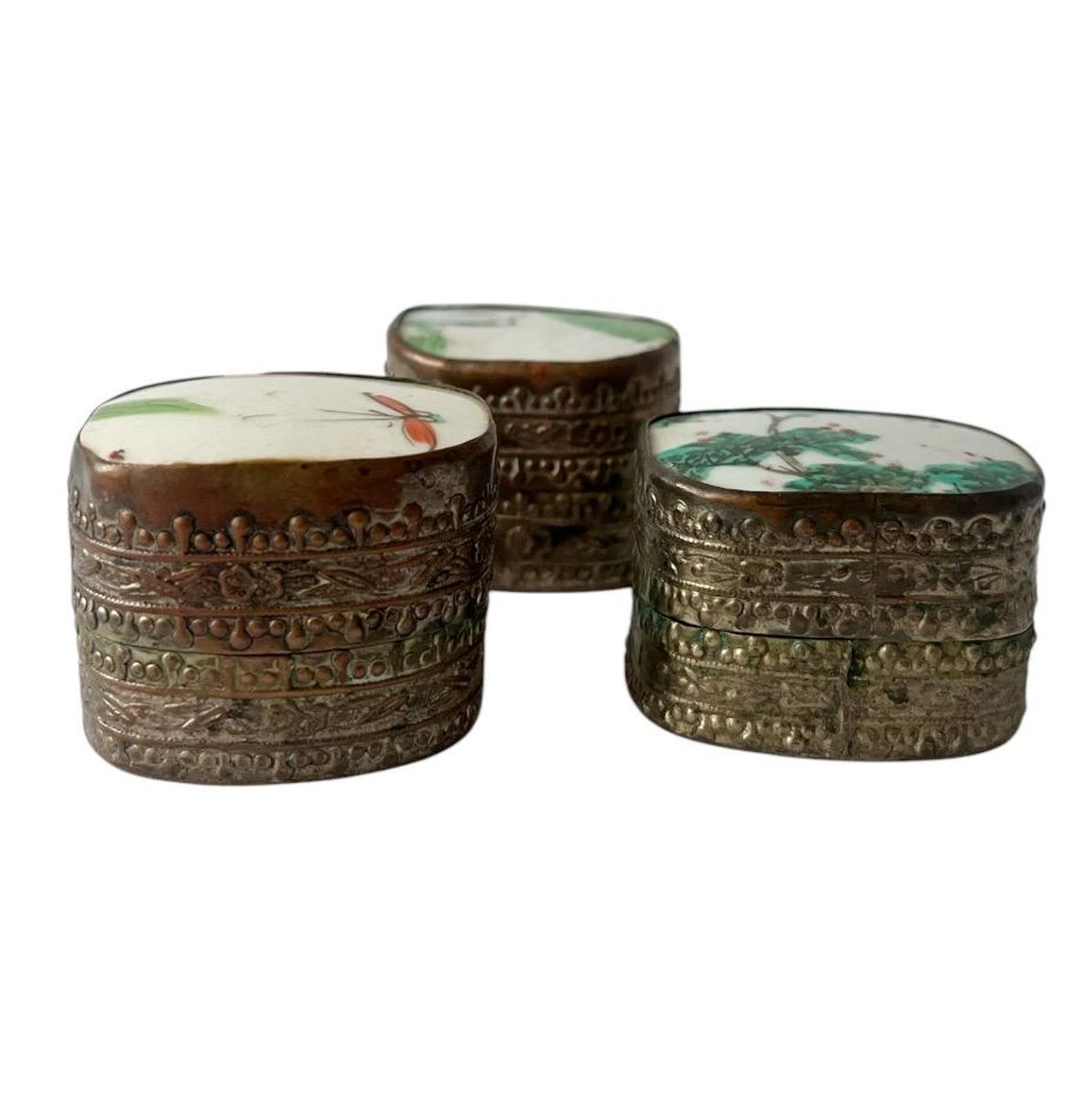 Set of 3 Vintage Chinese Porcelain Shard Boxes With Silver Metal ...