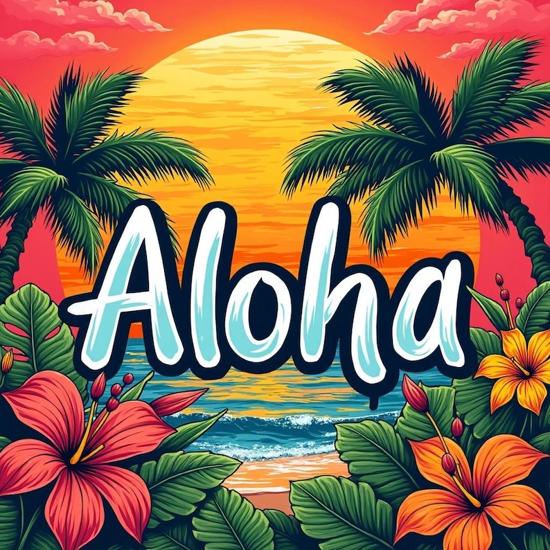 Hawaiian Art Tile: Tropical Sunset, Palm Trees, Hibiscus - Luau Beach ...
