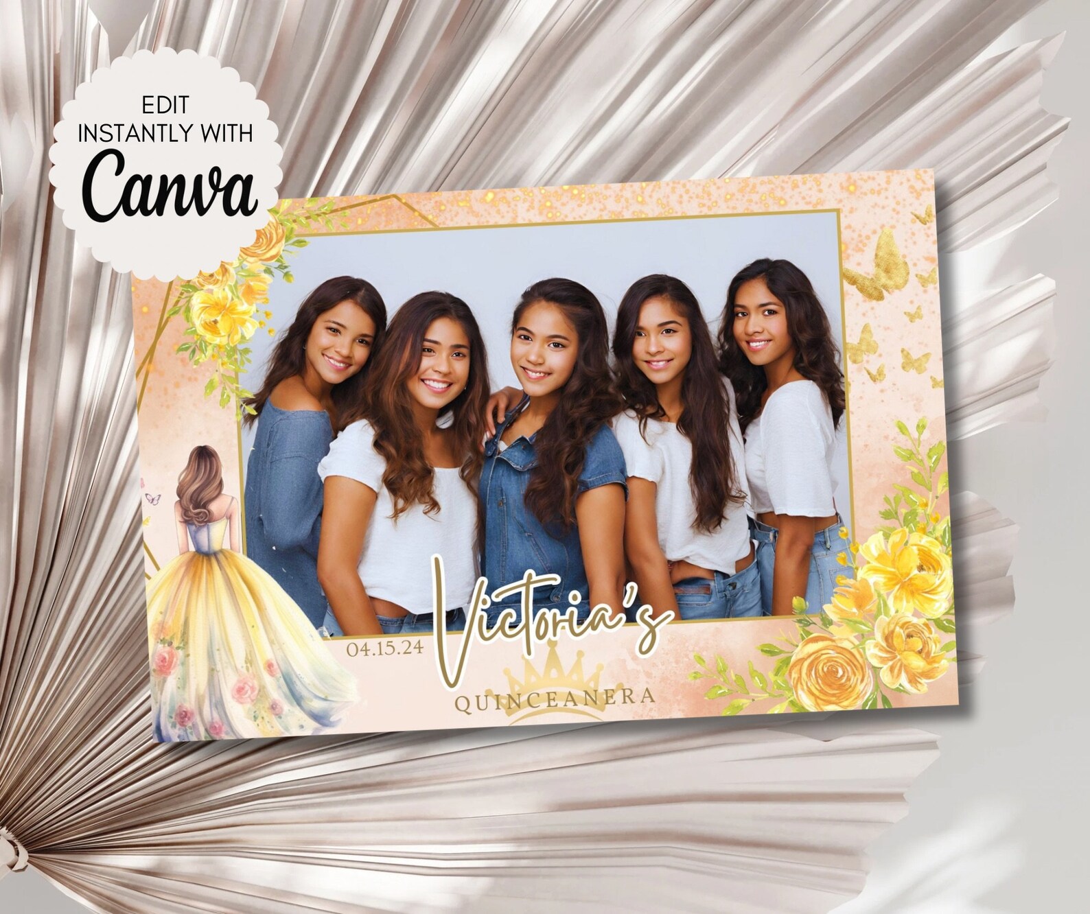 Quinceanera Photo Booth Template Sweet 16 Editable Yellow Gold Birthday ...