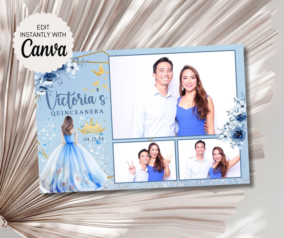 Quinceanera Photo Booth Template Sweet 16 Editable Blue Floral Birthday ...
