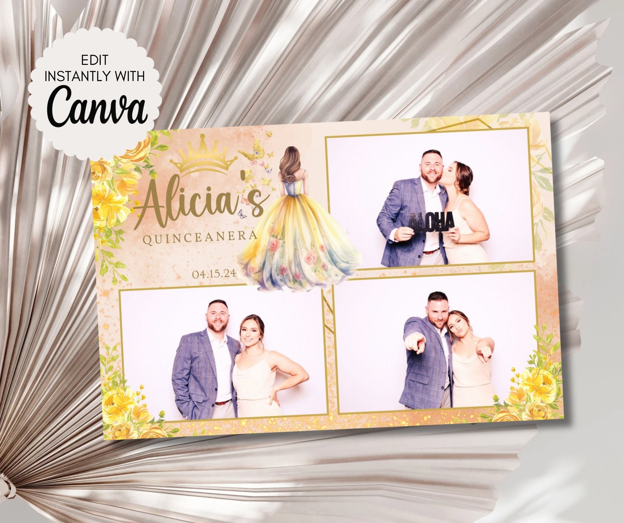 Quinceanera Photo Booth Template Sweet 16 Editable Yellow Gold Birthday ...