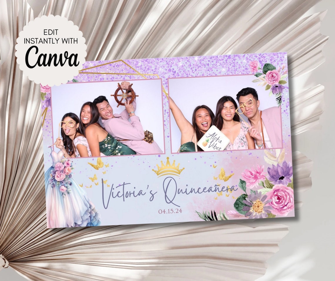 Quinceanera Photo Booth Template Sweet 16 Editable Pink Purple Birthday ...
