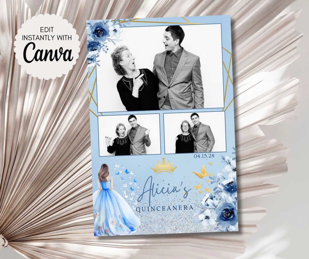 Quinceanera Photo Booth Template Sweet 16 Editable Blue Floral Birthday ...