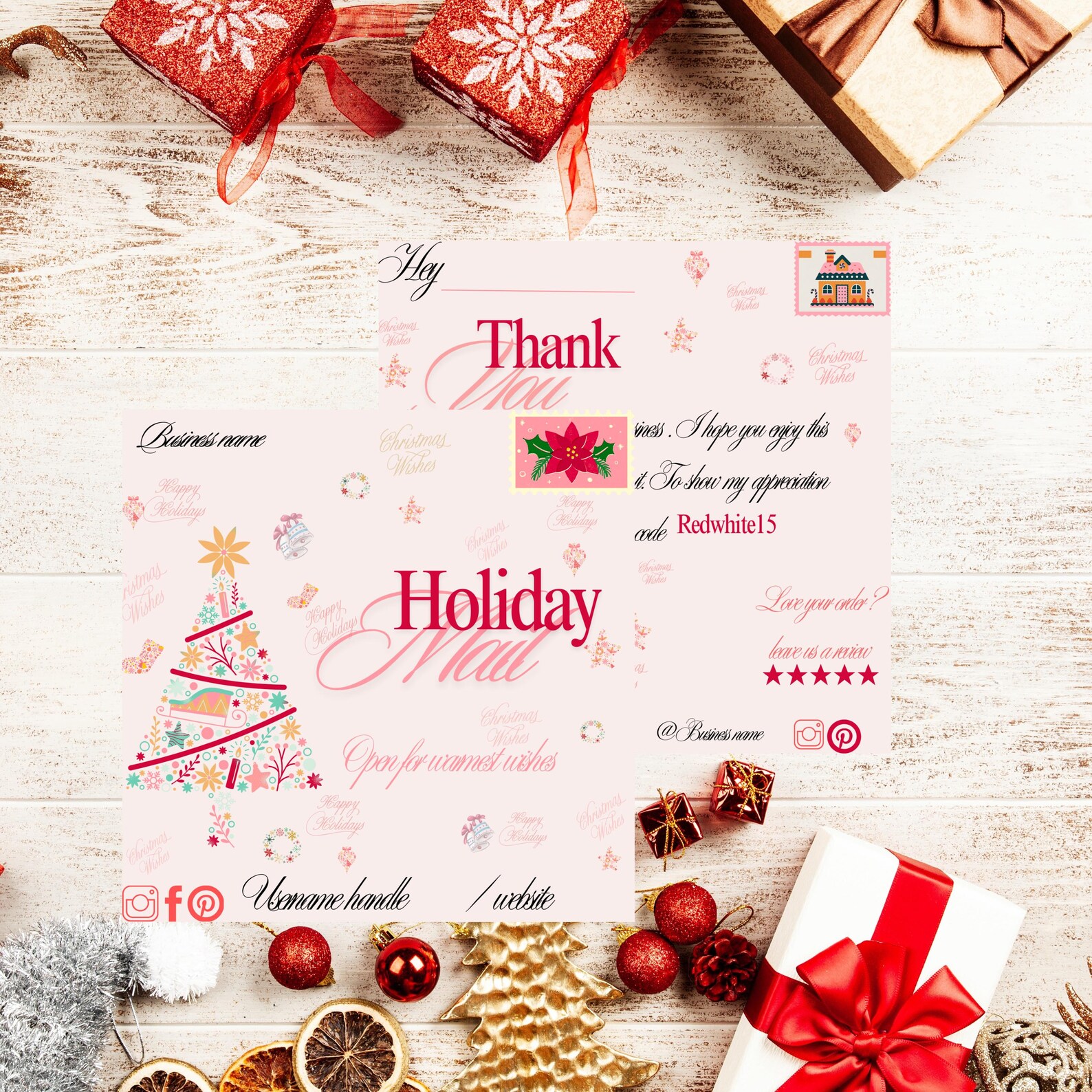 Holiday Business Thank You Card, Pink and Red Package Insert Card ...