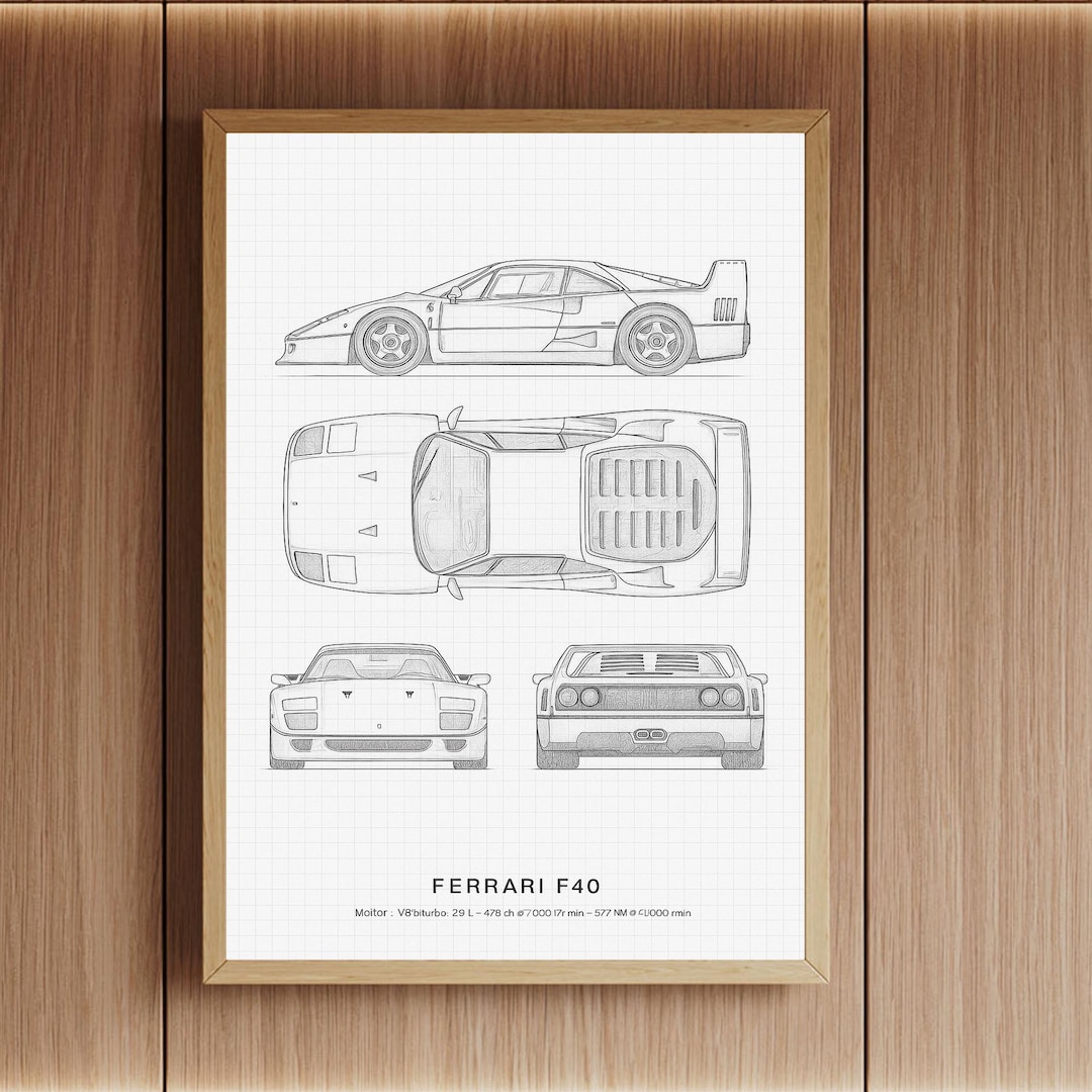 Ferrari F40 Blueprint Poster, Classic Car Wall Art, Minimalist Auto ...