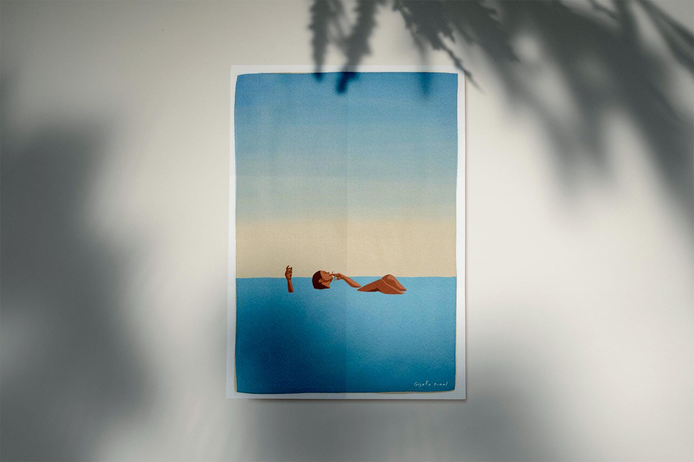 Girl Floating in the Sea Poster, Swimming Wall Art, Sea Print, Beach ...