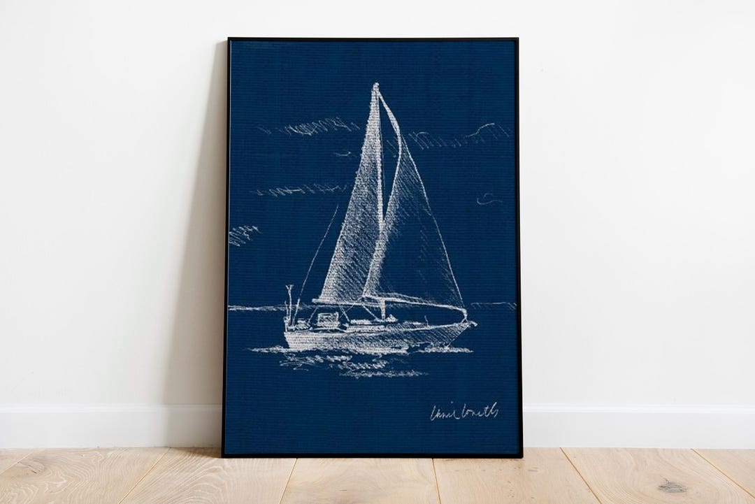 Sailboat Drawing Poster- Seascape Art Poster, Boat Drawing, Ocean Wall ...
