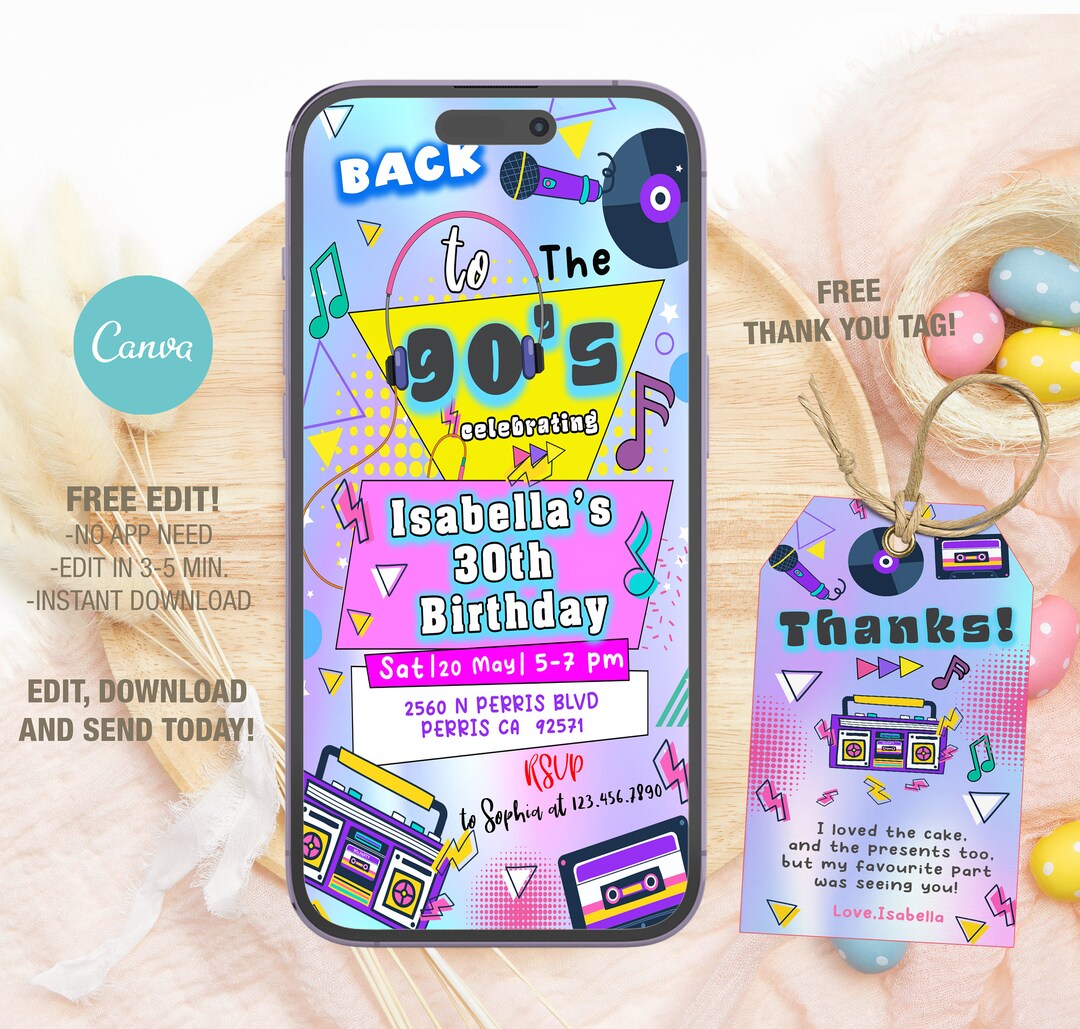 Editable 90s Birthday Invitation Template, Evite Bday Card (digital ...