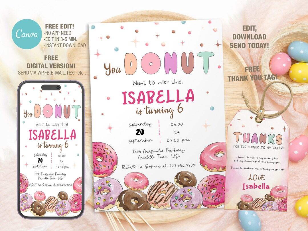 Editable Donut Birthday Invitation Template, Printable Birthday Party ...