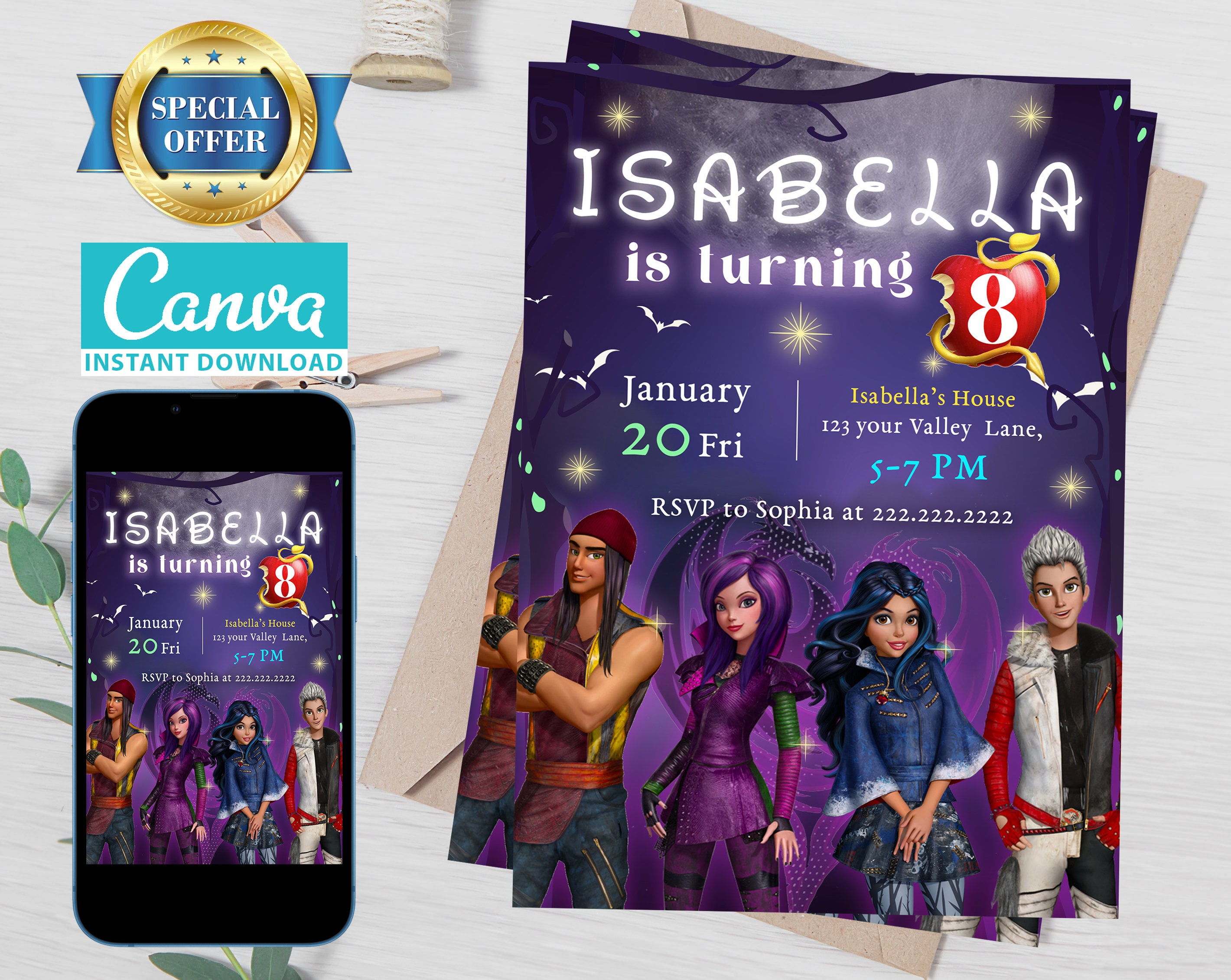 Editable Descendants Birthday Invitation Template, Printable Birthday ...