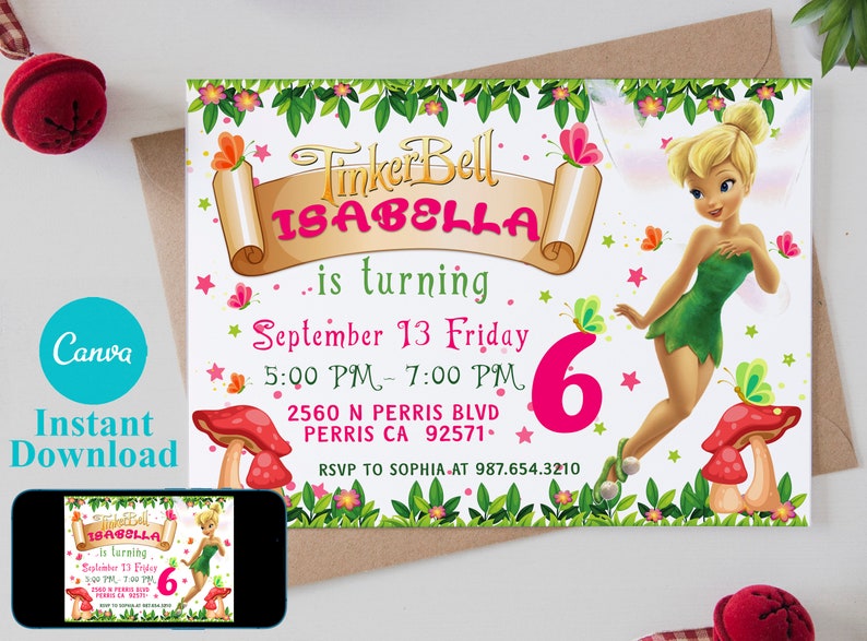 Plantilla editable de invitación de cumpleaños de Tinkerbell ...